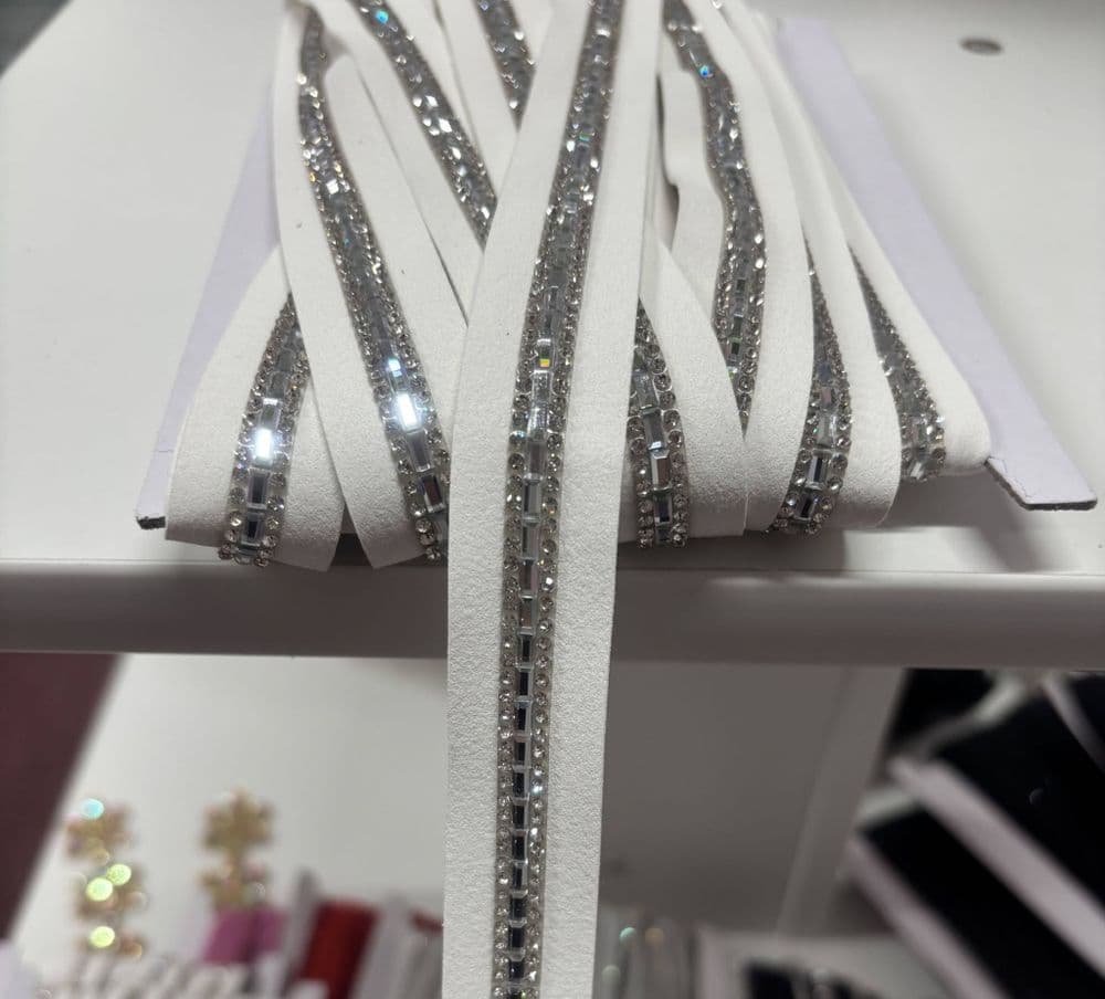 EIMASS Sew On Multi Line Clear Crystals on White Bridging Lace Trim