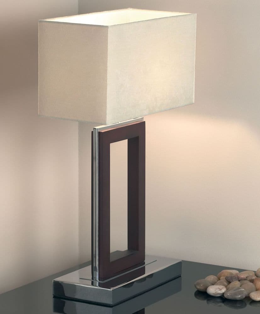 Dark Wood Chrome Rectangular Table Lamp Cream Shade 0195-DW
