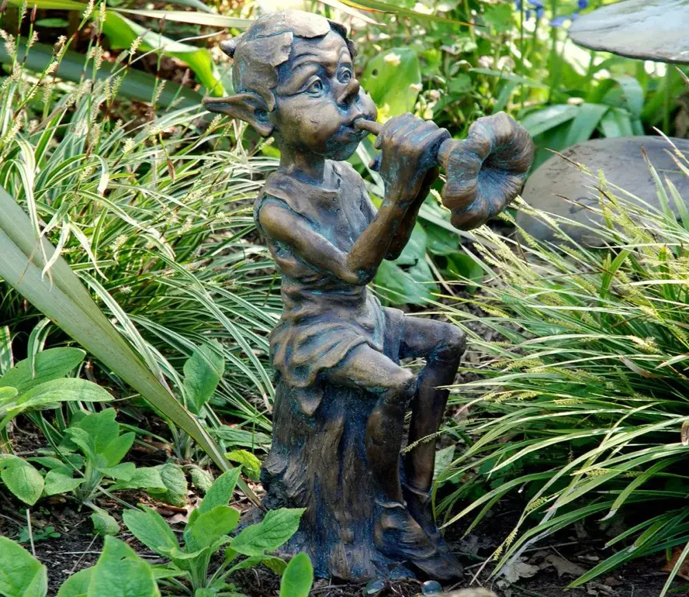 Bronze Garden Pixie Playing a Flower Flute - 56cm.