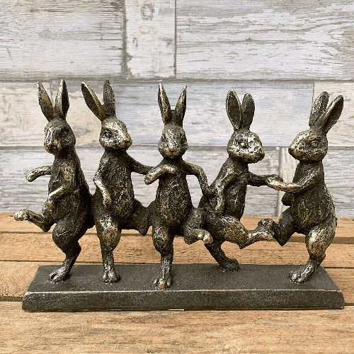 Dancing Hares - 5 cute hares on a plinth - 27cm.