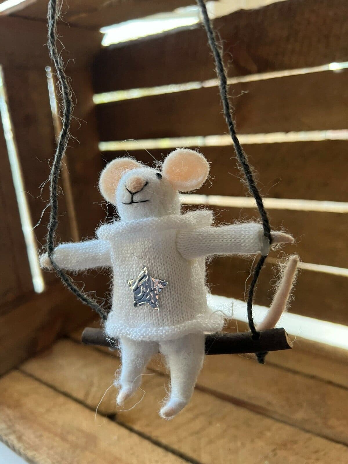 Handmade Mouse on a twig swing.