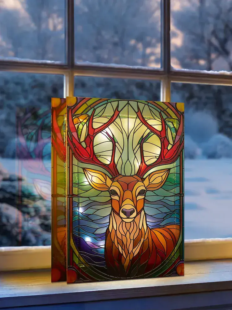 Stag- Festive Stained Glass Window Light - with 50 warm white LED ...