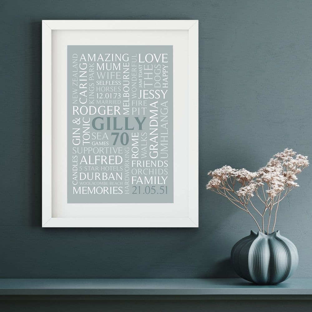 Personalised 70th Birthday Word Art Portrait Print