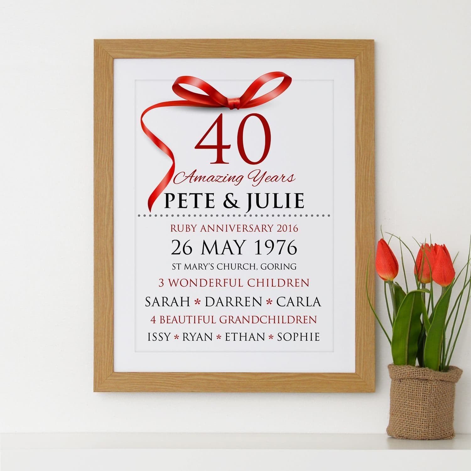 40th Wedding Anniversary Borders Ruby Anniversary Personalised Pebble