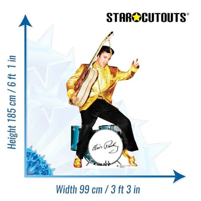 ELVIS PRESLEY IN GOLD WITH DRUMS LIFE SIZE CARDBOARD CUT OUT