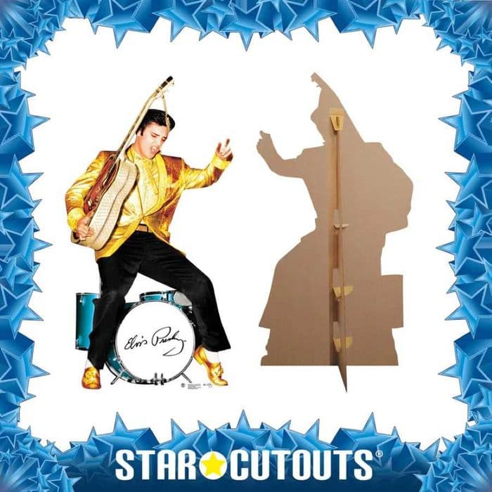 ELVIS PRESLEY IN GOLD WITH DRUMS LIFE SIZE CARDBOARD CUT OUT