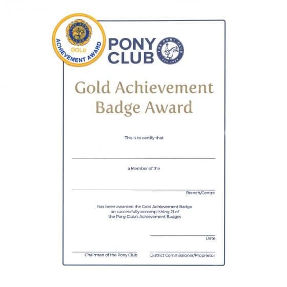 Pony Club Gold Achievement Badge & Certificate