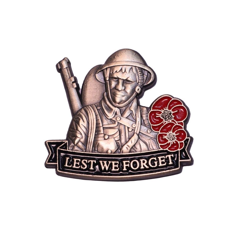 Lest We Forget Poppy Lapel Badge in Antique Brass