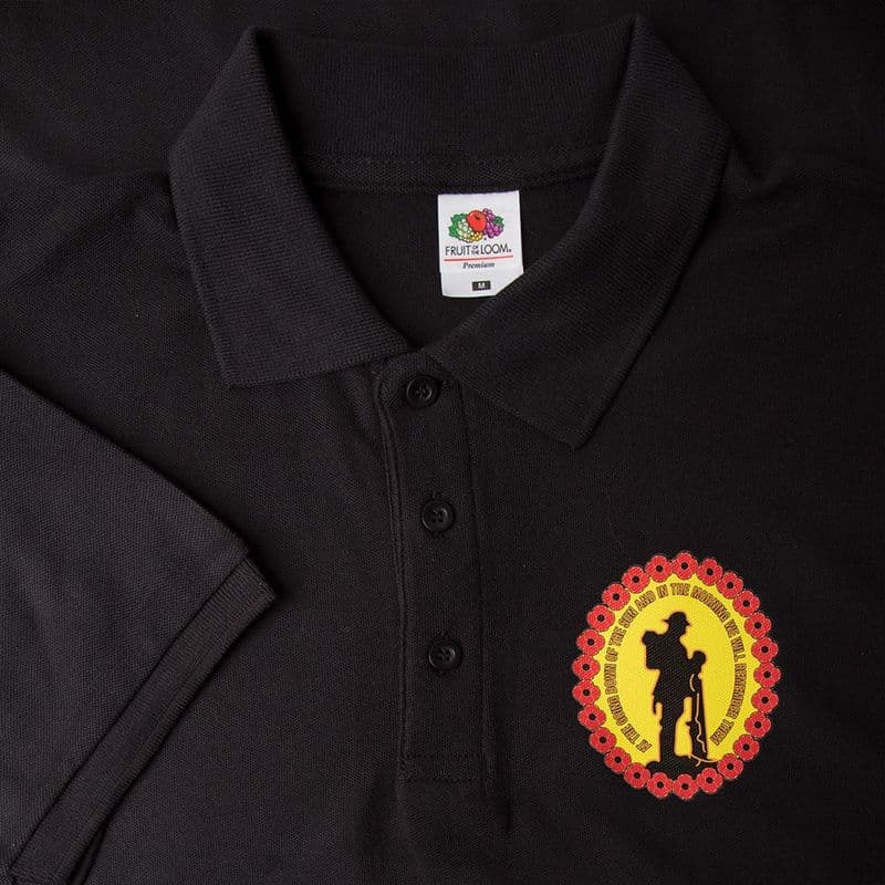 Remembrance Sunday Poppy Polo Shirt with wording "We Will Remember Them"