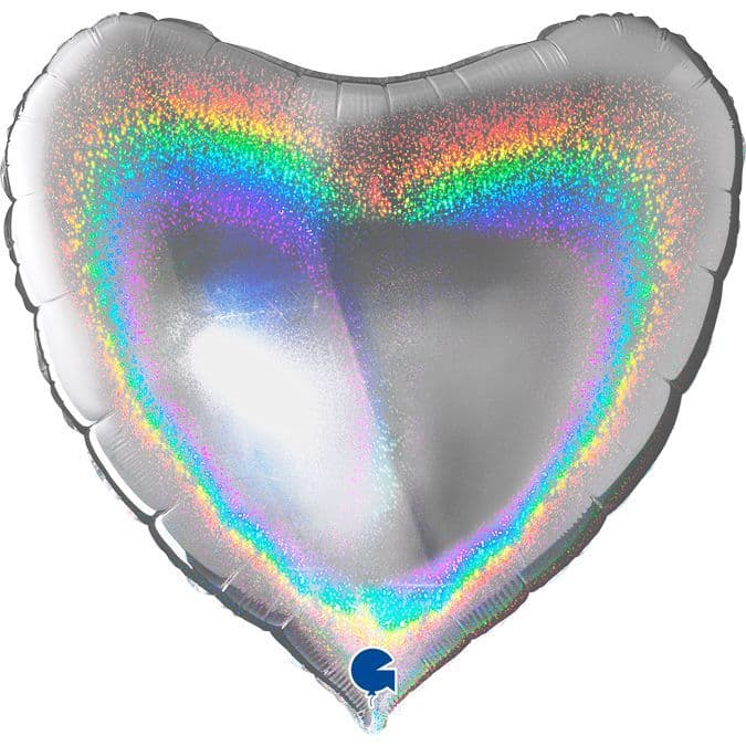 36" Glitter Holographic Silver Heart Foil Balloon