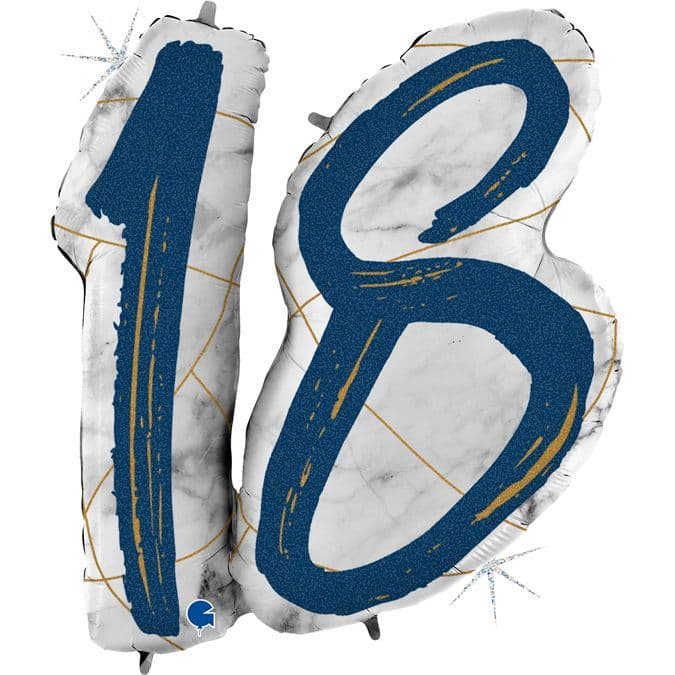 38" 18th Birthday Blue Marble Numbers Foil Balloon