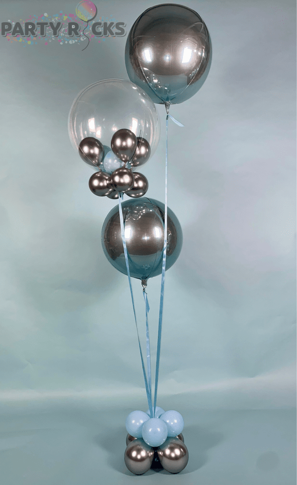 Blue and Silver Communion Bubble and Orbz Balloon Bouquet