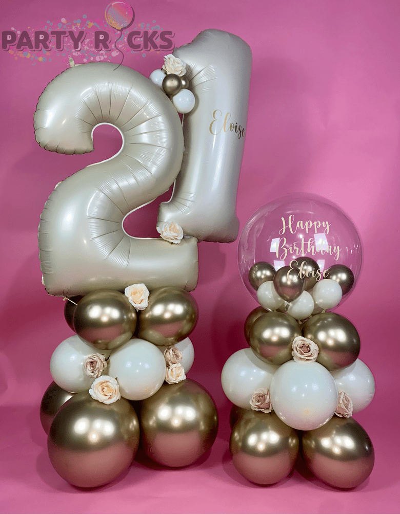 Satin Cream and Gold Floral Birthday Balloon Package