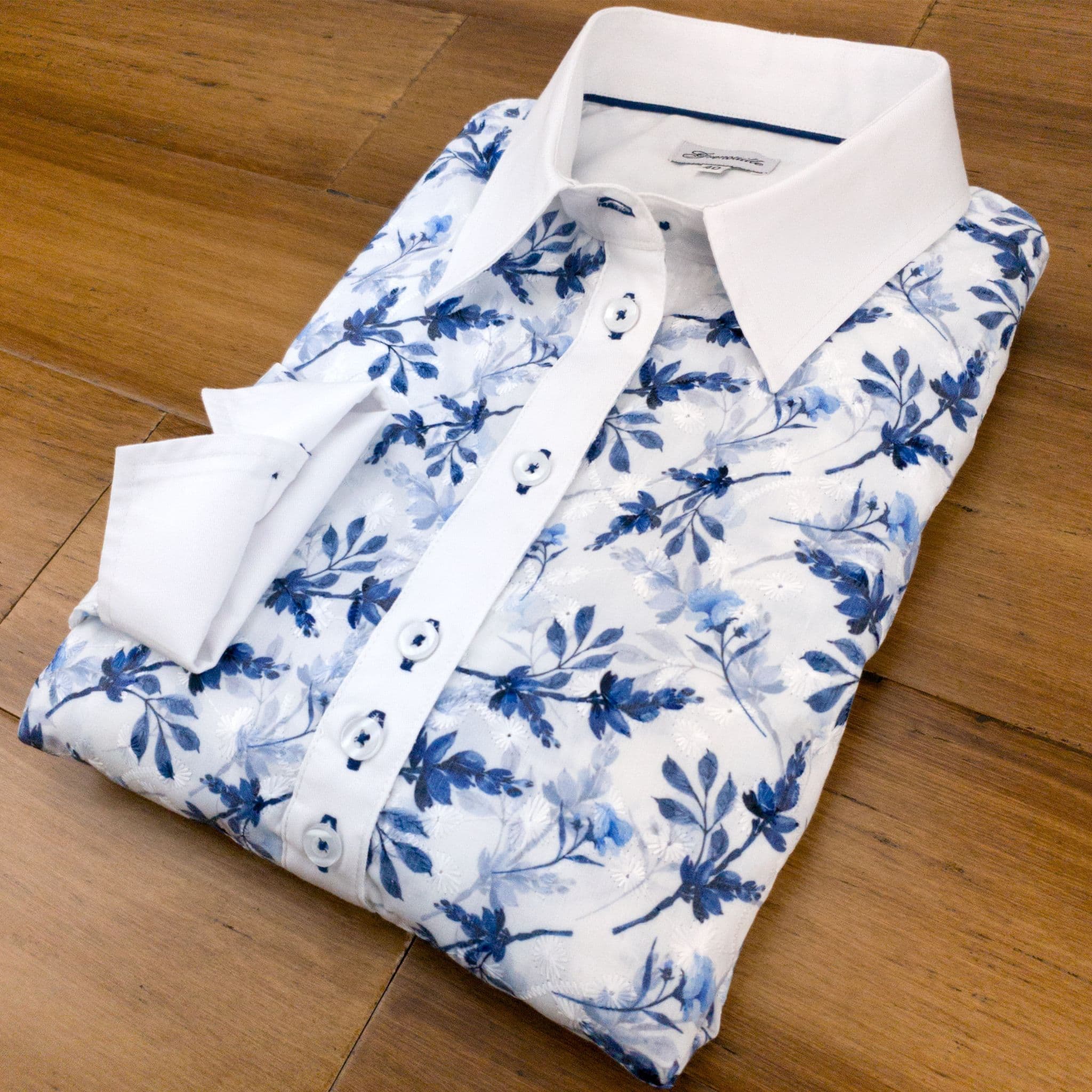 Grenouille Ladies Long Sleeve Blue Floral Embroidered Shaped Fit Shirt