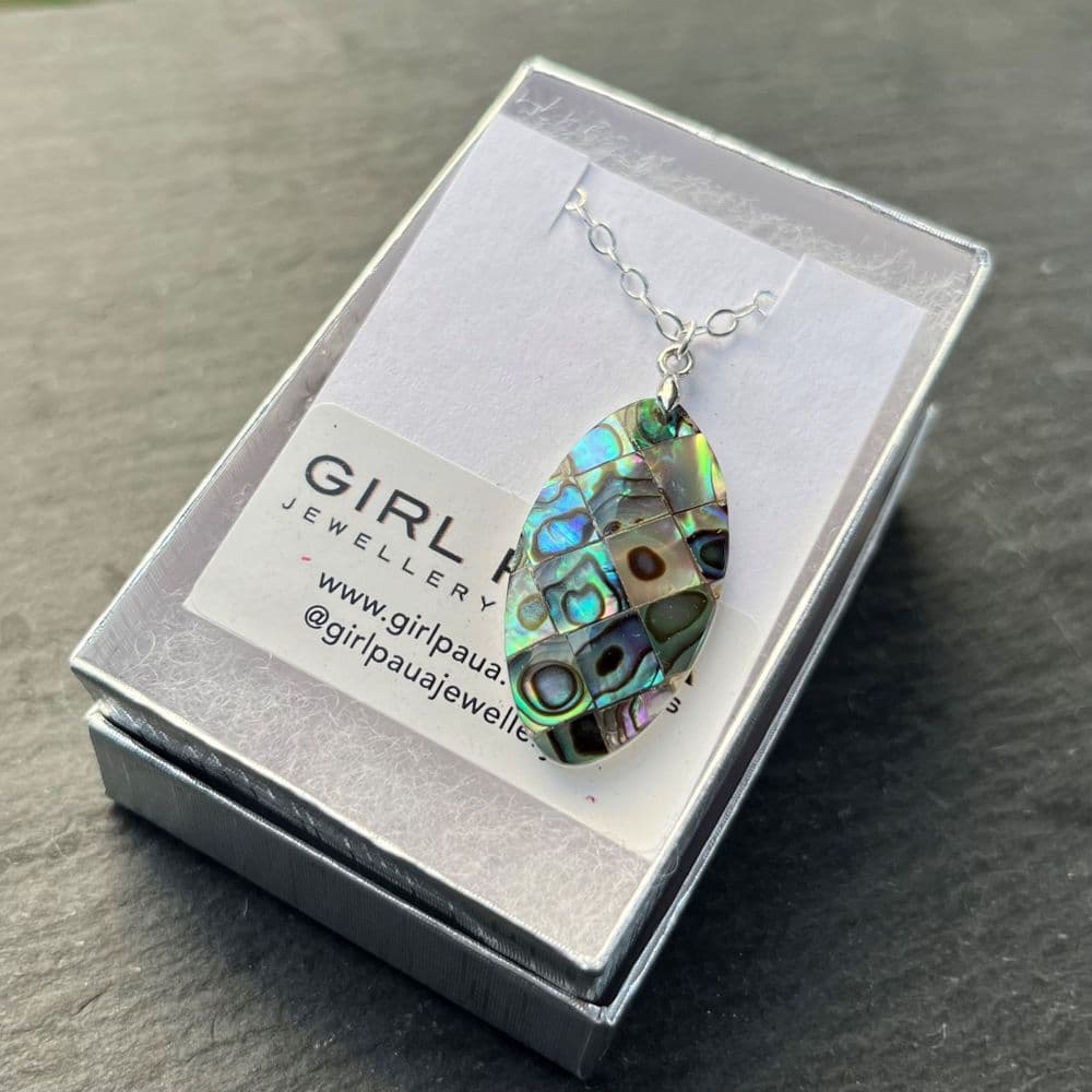 PP17 Natural Oval Long Mosaic Paua Pendant
