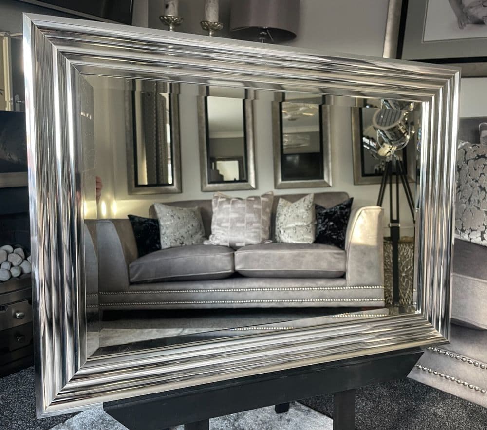 Large Bright Silver Chrome Contemporary Modern Over Mantle Wall Mirror ...