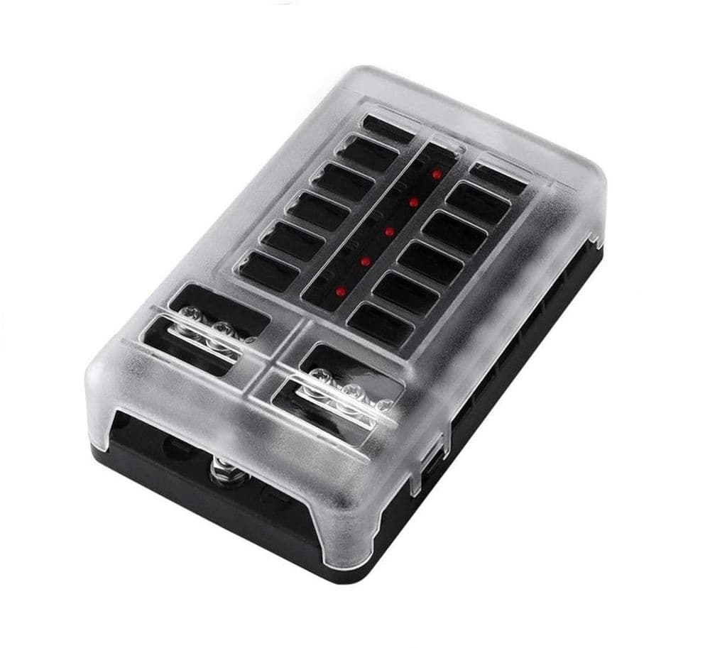 12 Way LED Fuse box with twin positive bus bars negative bus bar