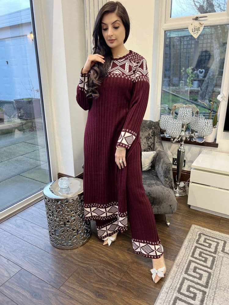 Long length knit co ord set berry