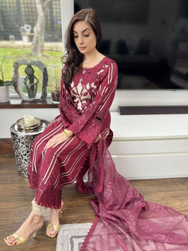 Maria B raw silk suit maroon