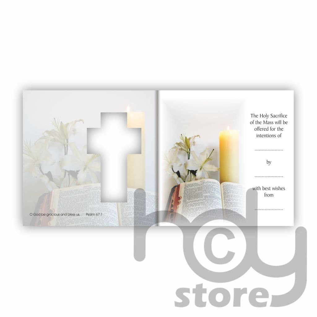 Mass Intention Card - Candle/Bible/Lily - Cross Window Cutout