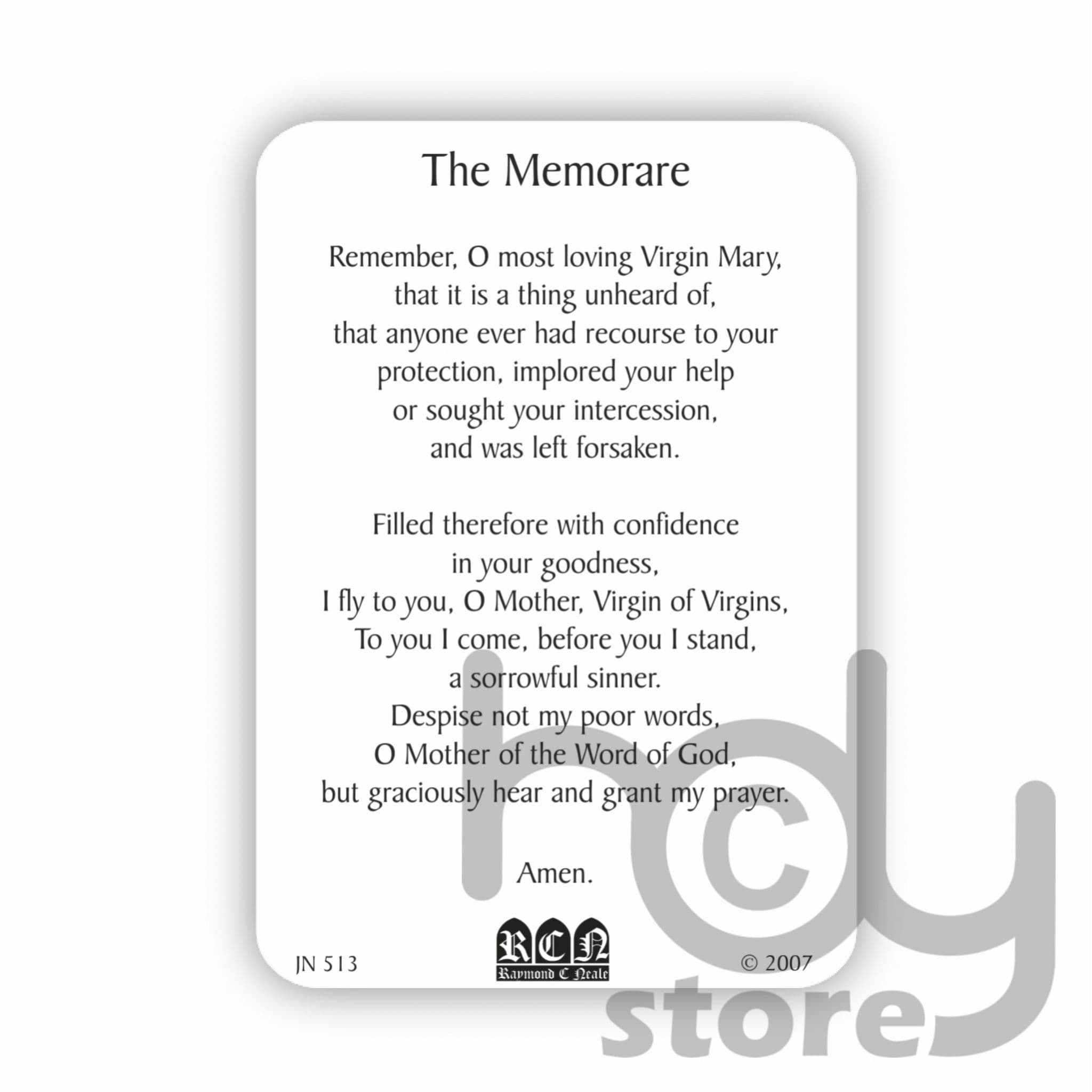 The Memorare prayer card