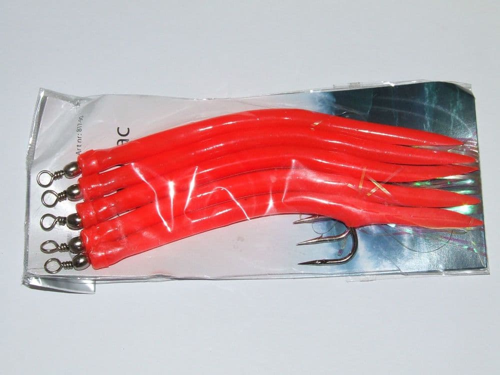 5 x Red Gummi Mack eel lures 9/0 Hooks Bass Cod Norway Sea Boat Wreck ...