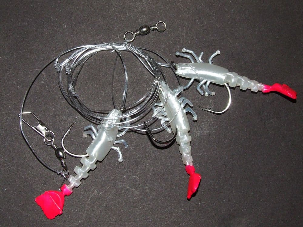 DEADLY PEARL PRAWN RIG LURE 3 x 6/0 HOOK BOAT BASS COD SEA FISHING LINE ...