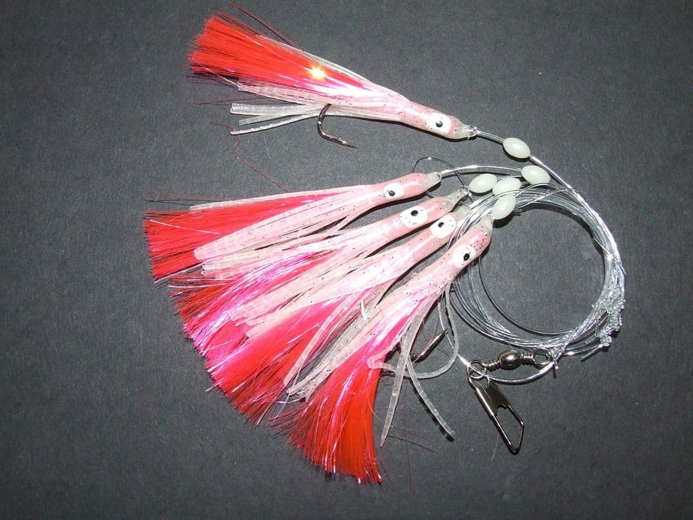 FFT PINK LUMO SQUID MUPPET RIG 5 x 3/0 HOOK COD LURE MACKEREL SPIN BOAT ...