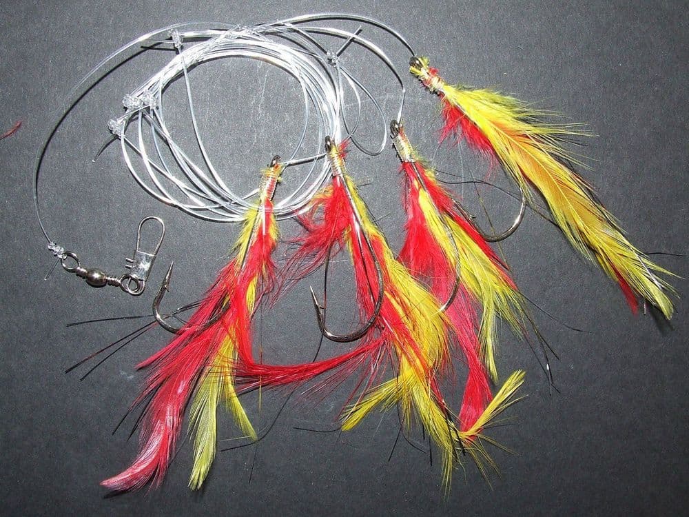 Jumbo Red Yellow Feather Rig 4 x 7/0 Hooks Mackerel Cod Boat Wreck Sea ...