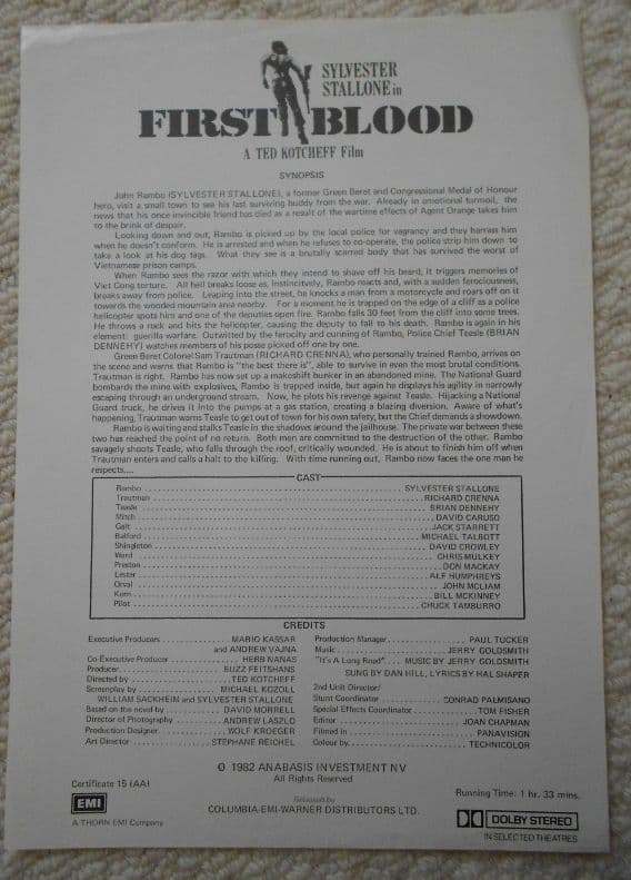 First Blood 1 page Sypnosis Sylvester Stallone John Rambo 82