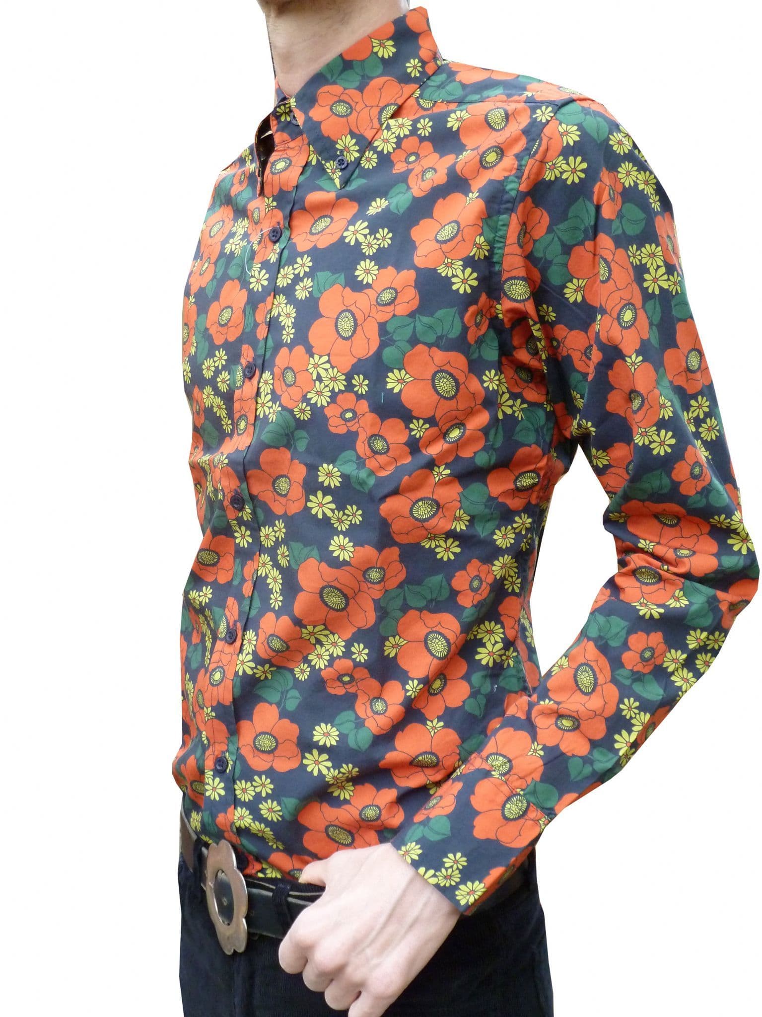 Mens Flower SHIRT 60 s Psychedelic Mod - Red Floral Poppies