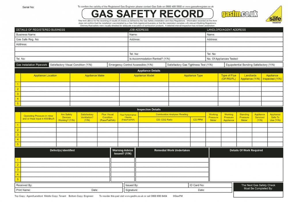 Gas Safety Record Pad