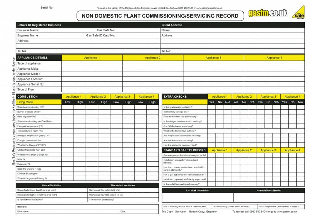 Non Domestic Plant Commissioning Servicing Record