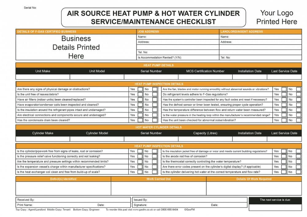 Personalised Air Source Heat Pump Service/Maintenance Checklist