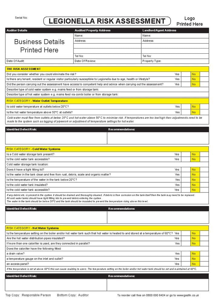 Personalised Legionella Risk Assessment Pad