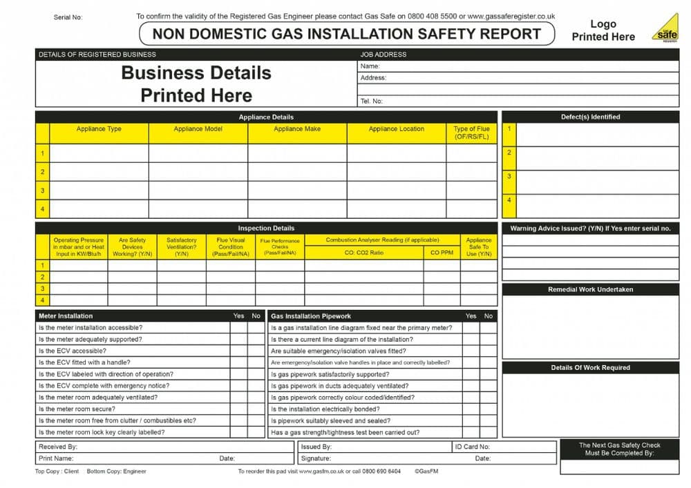 Personalised Non Domestic Gas Installation Safety Report Pad