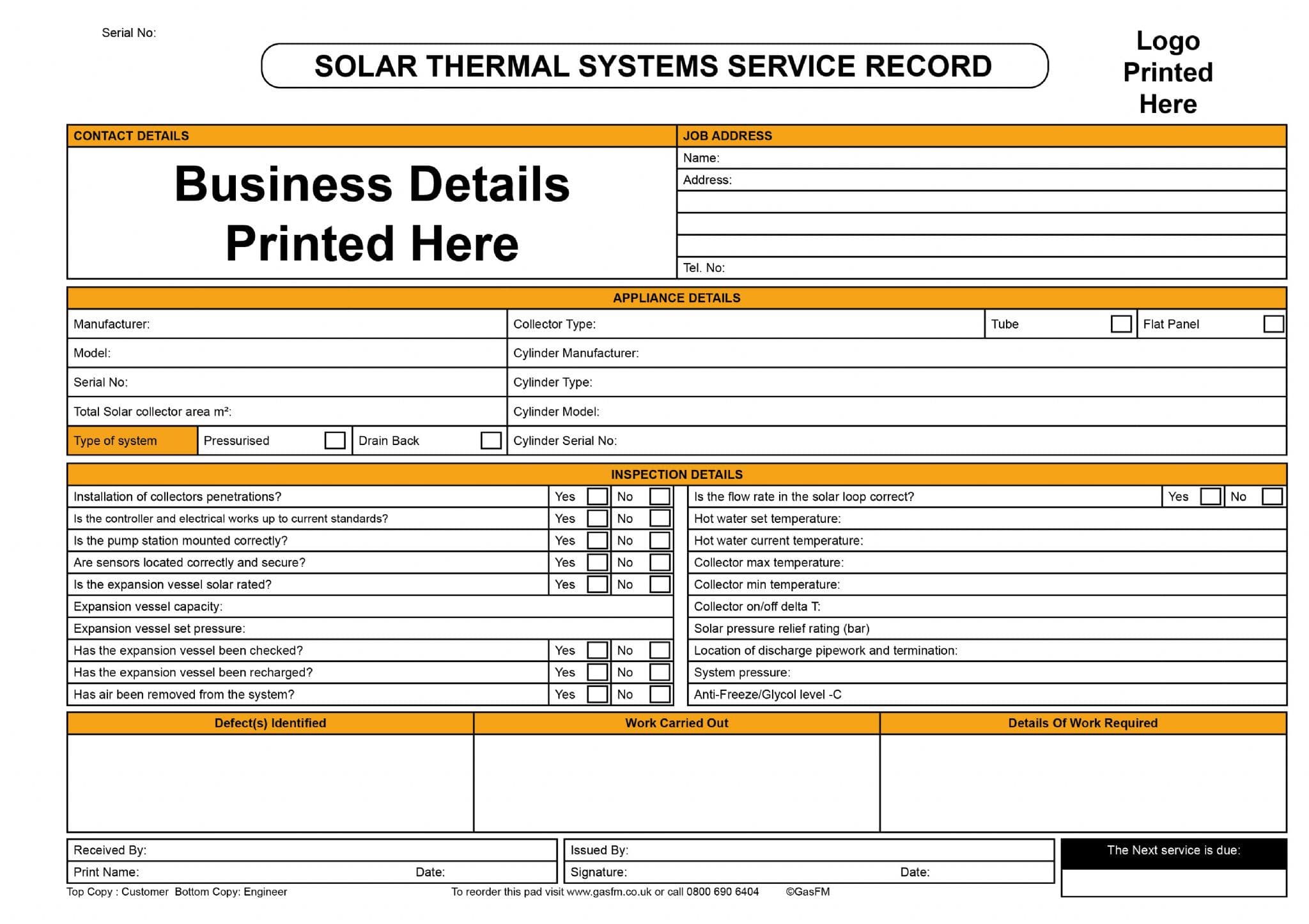 Personalised Solar Thermal Systems Service Record