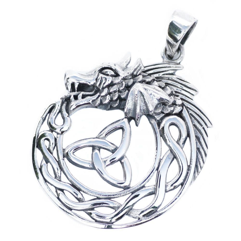 Celtic Dragon with Triquetra Trinity Knot Silver Pendant P044