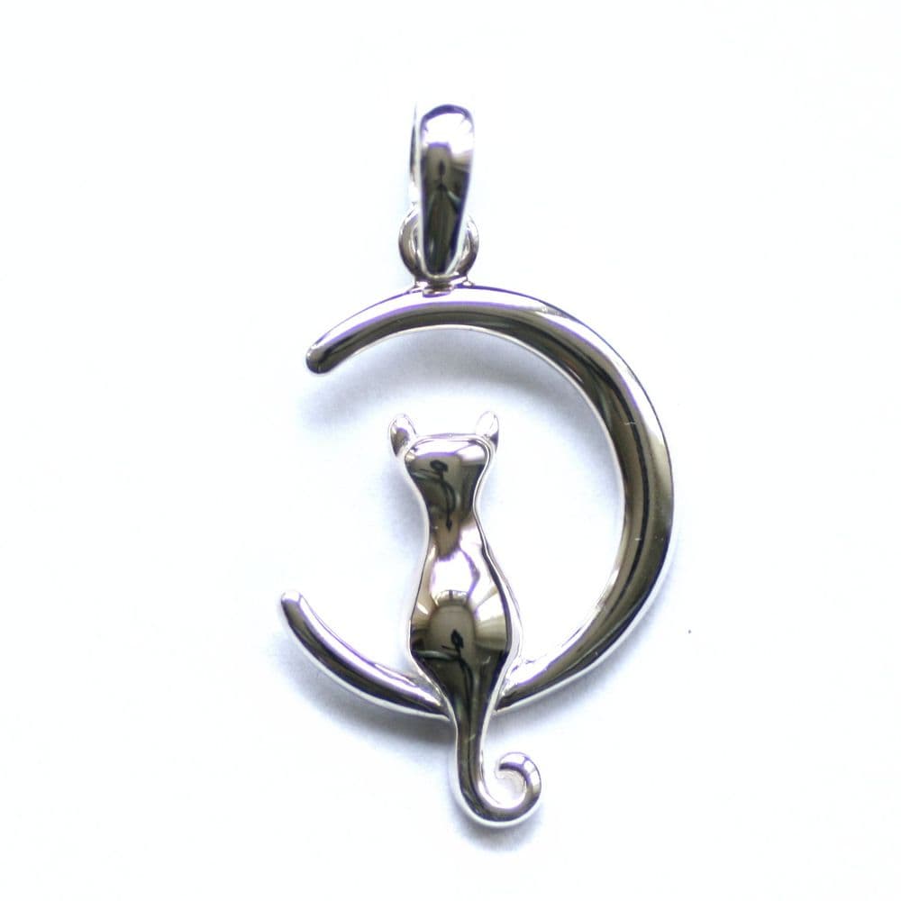 New Moon Cat Pendant Solid Sterling Silver P053
