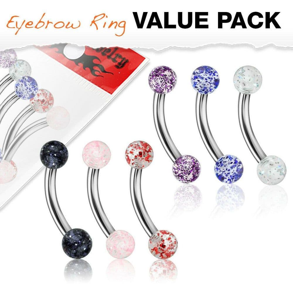 6 Pack of Curved Eyebrow Bars with Glitter Balls