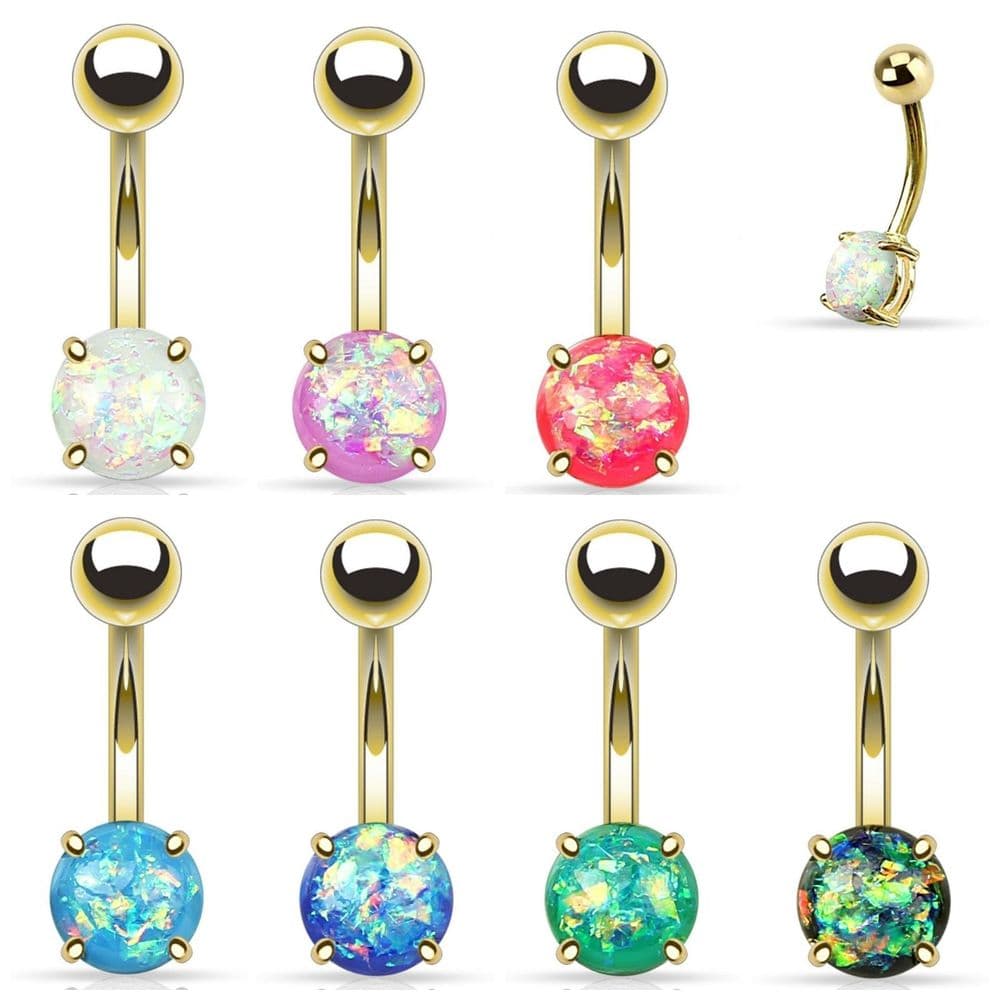 Gold Plated Belly Bar with Opal Glitter Ball