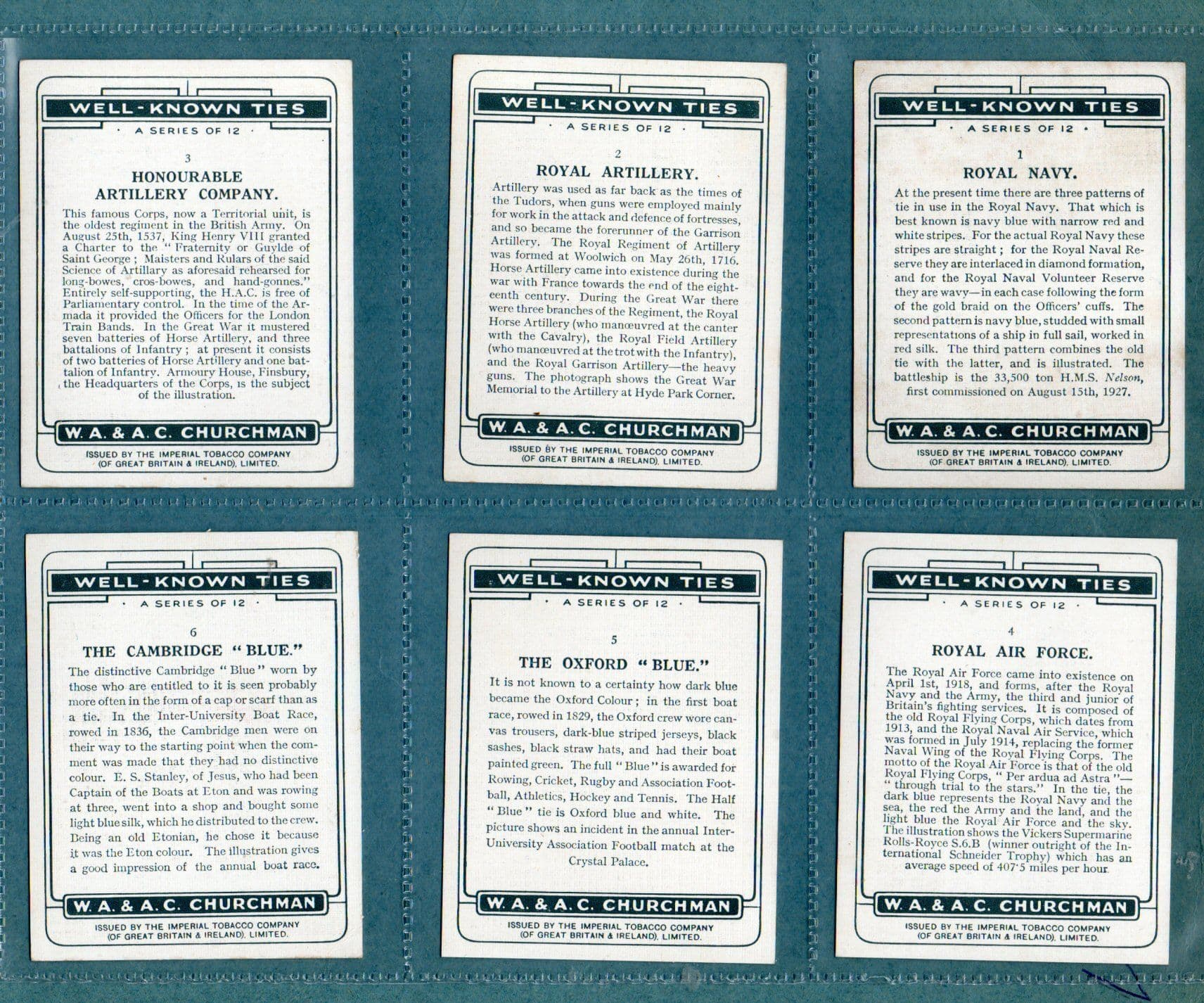 Collectable Cigarette cards Well-known Ties 1934 Navy Air force Rugby ...