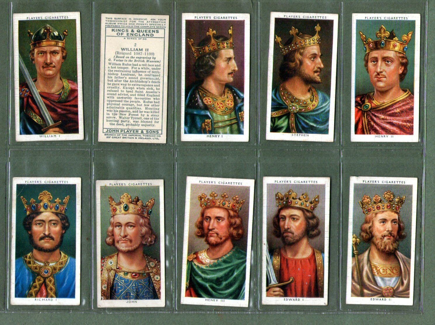 Collectible cigarette cards set Kings & Queens of England 1935