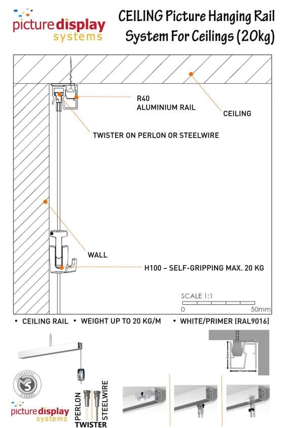 CEILING Picture Hanging White Rail for Ceilings 20kg inc fittings
