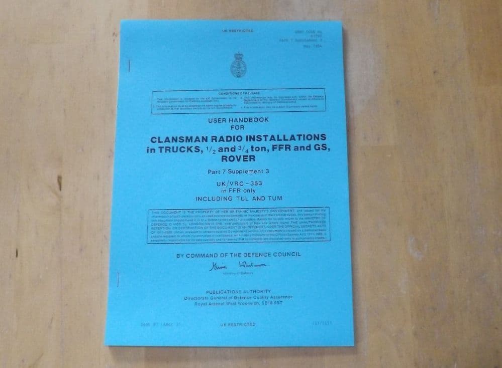 Clansman 353 fitted into Land Rover 1/4 ton and 3/4 ton User handbook 61590