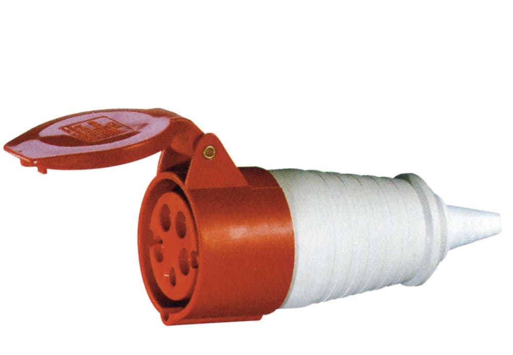 400 Volt red high current 16 Amp in-line 5 contact socket with hinged flap