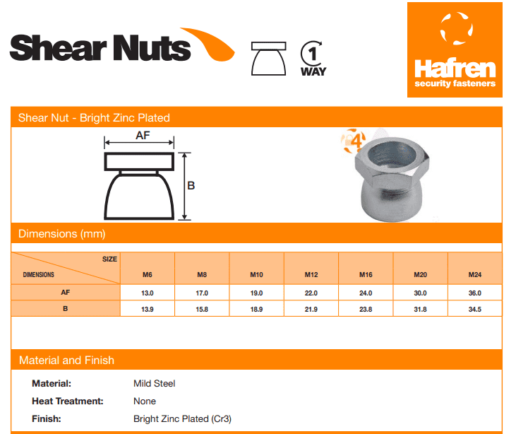 M10 - Hafren Shear Nut - Steel Zinc Plated - Box of 100