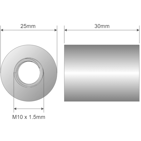 M10 x 1 5mm x 25mm O/D Threaded Spacers EN1A Mild Steel 30mm