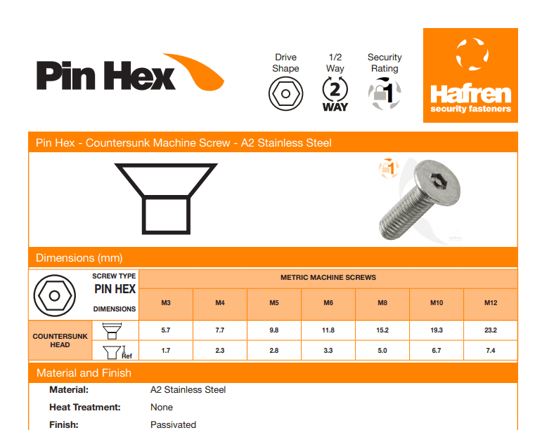 M10 x 20mm Hex Pin Countersunk Security Screws - A2 Stainless Steel