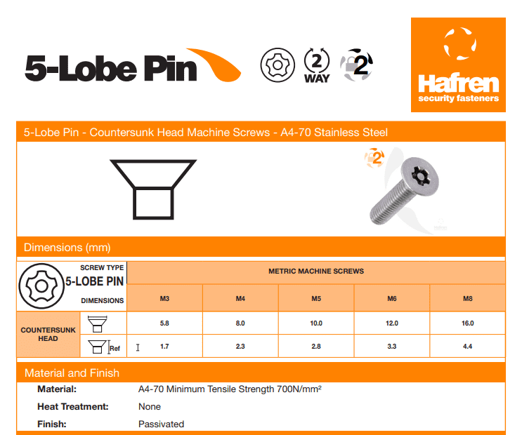 M4 x 12mm 5-Lobe Pin Countersunk Security Screws - A4 Stainless Steel ...
